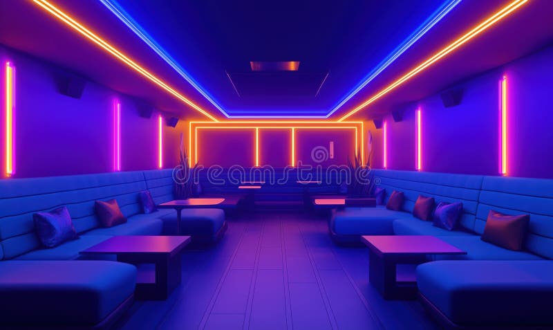 Vibrant Neon Lounge Interior with Blue and Purple Lighting and Modern ...