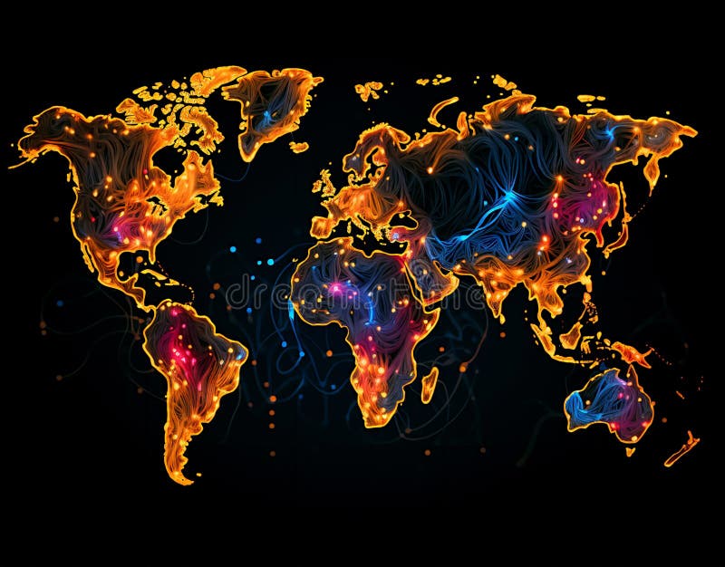 A Vibrant Neon Map of the World Stock Illustration - Illustration of ...