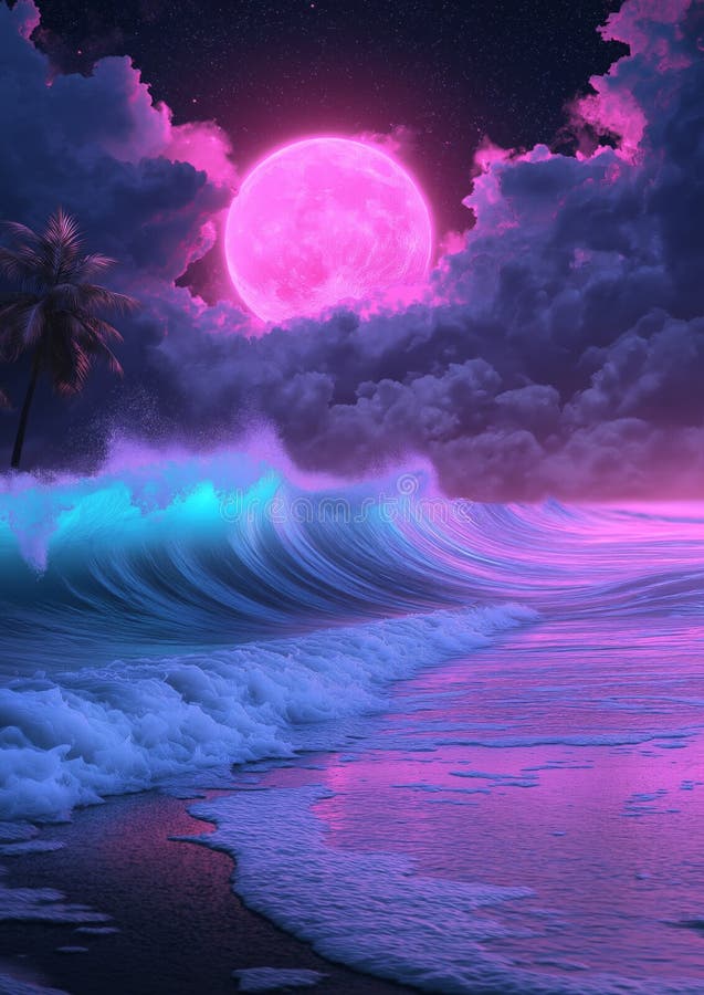 Vibrant Neon Moonlit Ocean Waves Under Clouded Night Sky Stock Image ...
