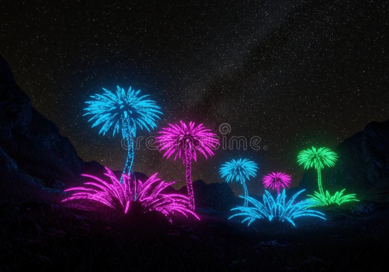 Vibrant Neon Palm Trees Illuminate Starry Night Landscape Stock Photo ...