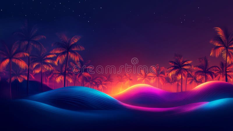 Vibrant Neon Palm Trees at Sunset in a Digital Desert Landscape Stock ...