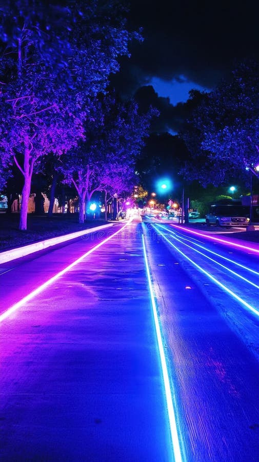 Vibrant Neon Pathway Illuminated by Purple and Blue Lights at Night ...