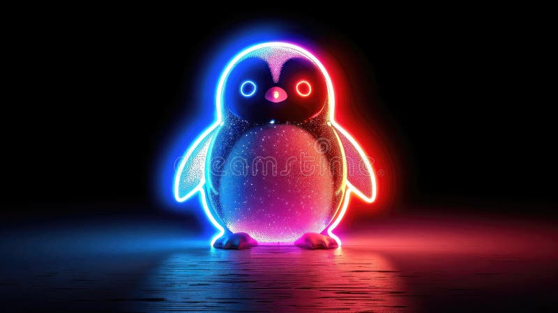 A Vibrant Neon Penguin with Sparkling Details on a Dark Reflective ...