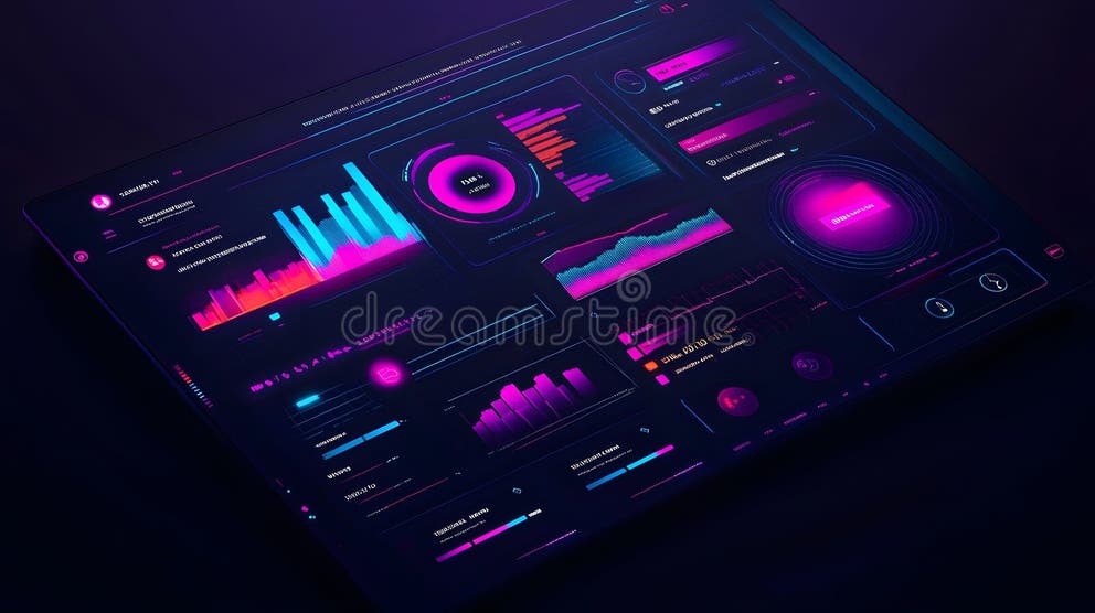 Vibrant Neon Pink and Blue Digital Dashboard Interface with Glowing ...