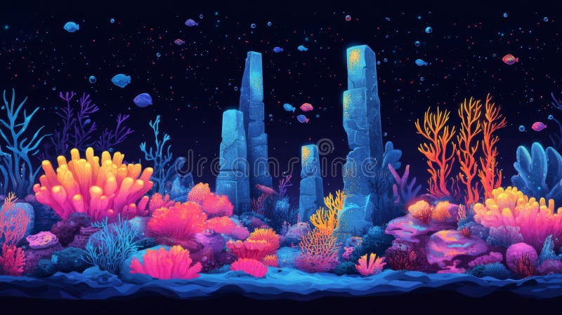Vibrant Neon Pixel Art Coral Reef at Night Stock Illustration ...