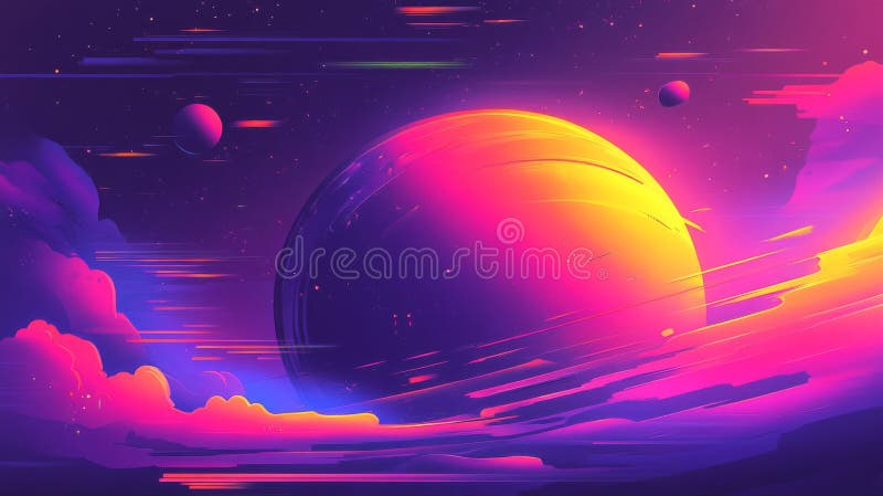 Vibrant Neon Planet in a Retro Space Landscape Stock Illustration ...