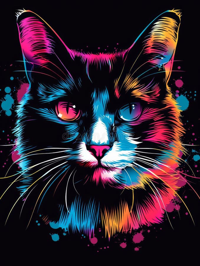 Vibrant Neon Portrait of a Cat on Dark Background Stock Image - Image ...