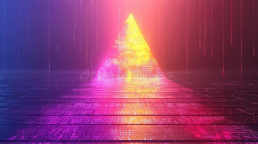Vibrant Neon Pyramid Surrounded by Binary Code with Futuristic Digital ...