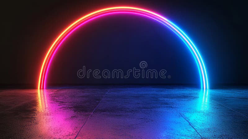 A Vibrant Neon Rainbow Arc is Reflected on a Shiny Surface Set Against ...
