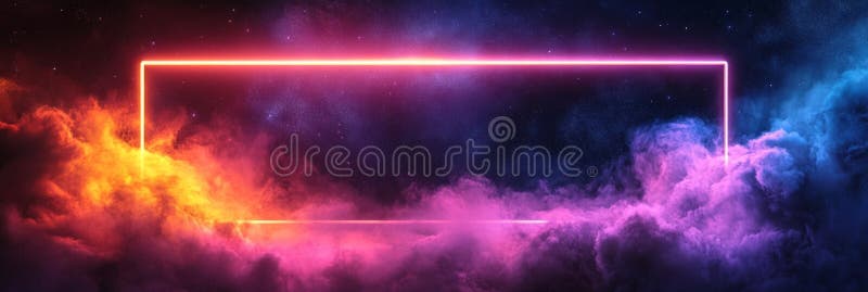 Vibrant Neon Rectangle Frame Illuminating Colorful Nebula Clouds in a ...