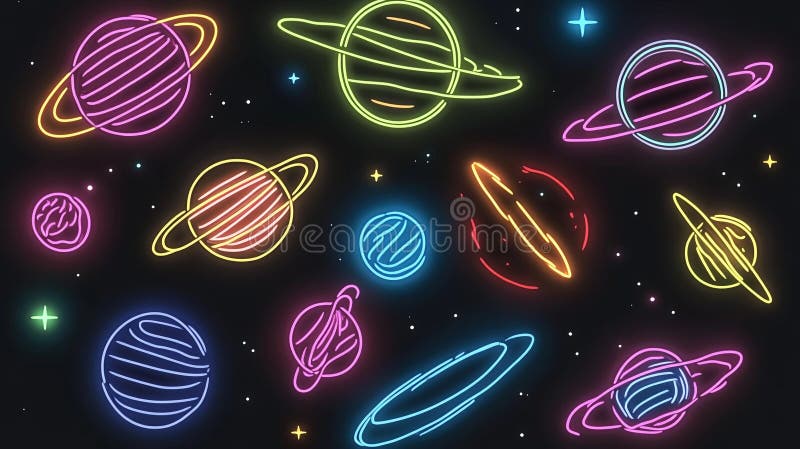 Colorful Neon Planets Scattered Across a Dark Cosmic Background with ...