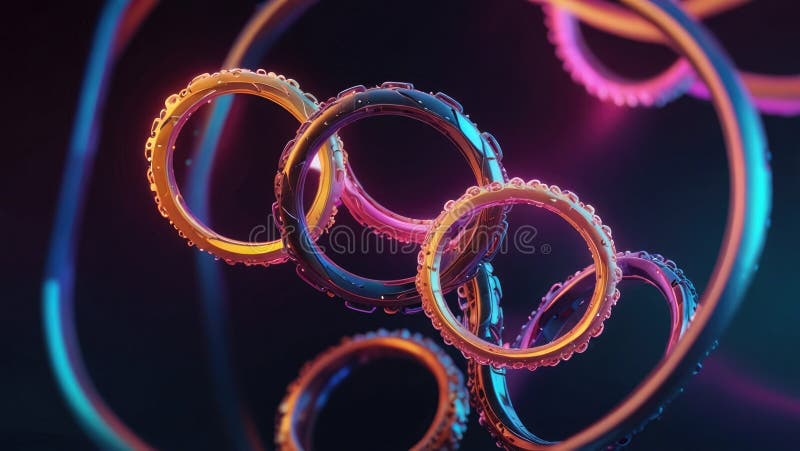 Vibrant Neon Rings with Water Droplets on Dark Background Stock ...