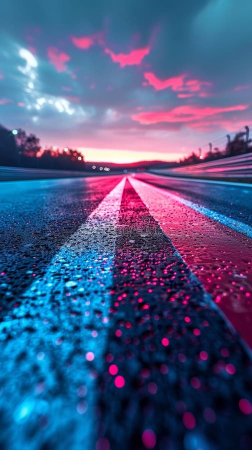 Vibrant Neon Road at Sunset with Dramatic Sky and Reflective Wet ...