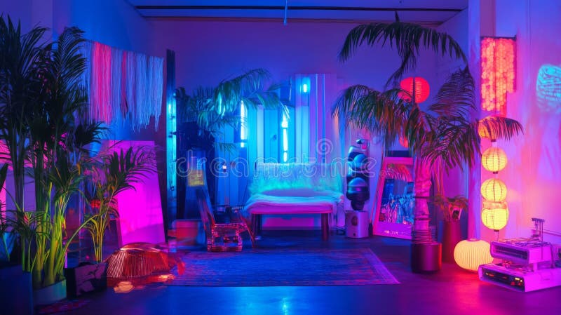 Vibrant Neon Room Interior with Tropical Plants Stock Illustration ...