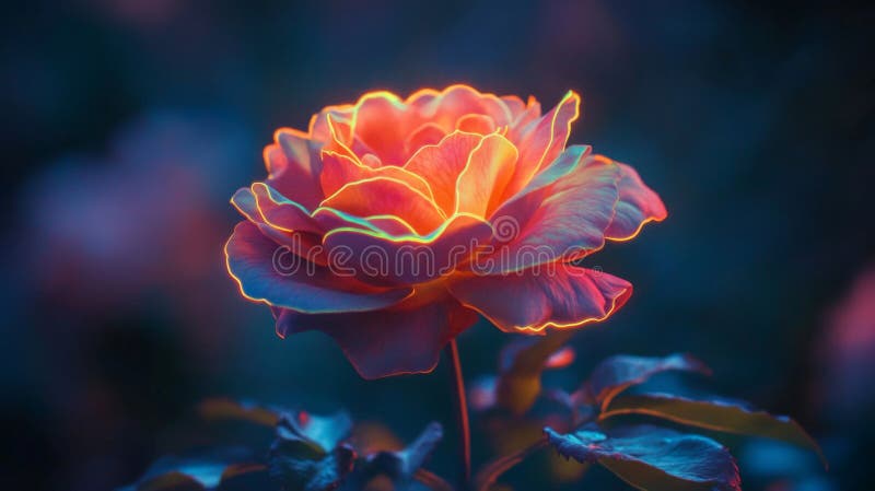 Vibrant Neon Rose at Night with Glowing Petals Stock Illustration ...