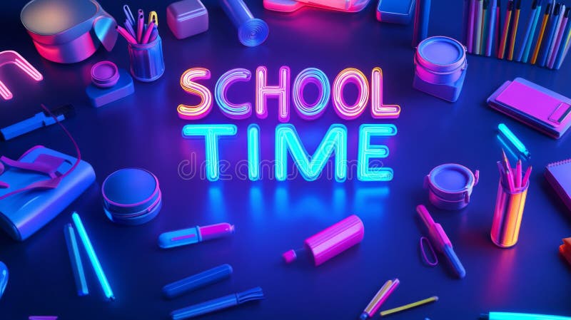 Vibrant Neon School Supplies on Dark Background Stock Illustration ...