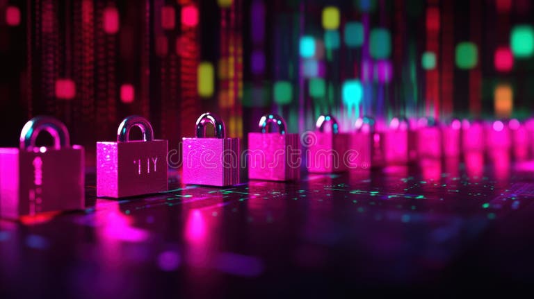 Vibrant Neon Security, Row of Pink Padlocks on Abstract Digital ...