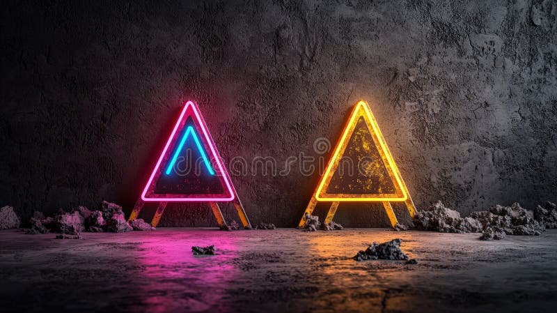 Vibrant Neon Signs in Triangular Shapes Glowing Against a Textured Wall ...