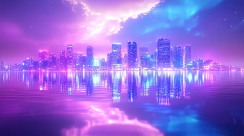 Vibrant Neon Skyline Reflection at Night with Stunning Purple and Blue ...