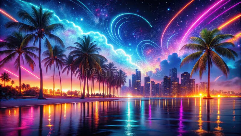 Vibrant Neon Skyline at Sunset with Palm Trees and Cosmic Trails ...