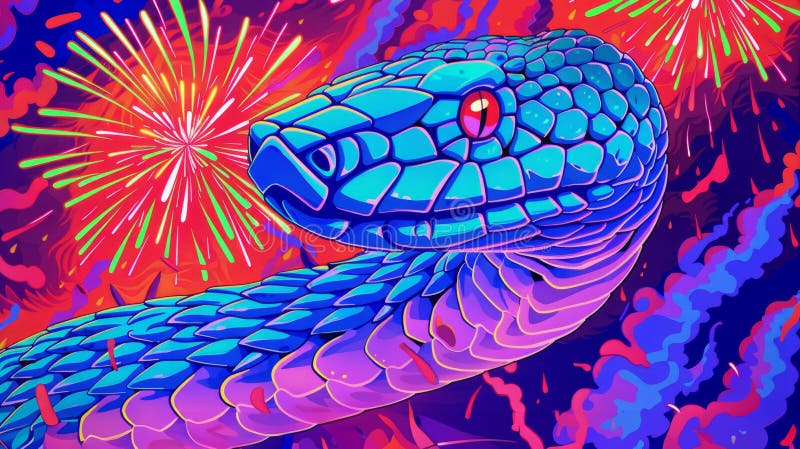 Vibrant Neon Snake Illustration with Explosive Fireworks Background ...