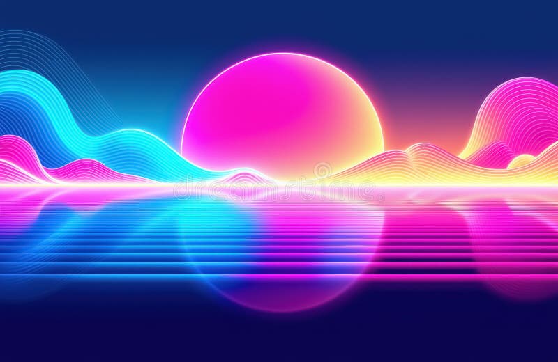 Vibrant Neon Sunset Over Abstract Waves and Reflective Water Surface ...