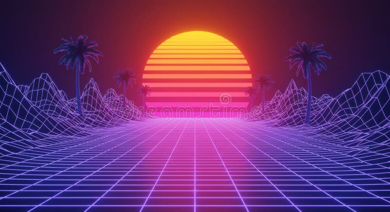 Vibrant Neon Sunset Over Grid Landscape with Palm Trees and Mountains ...