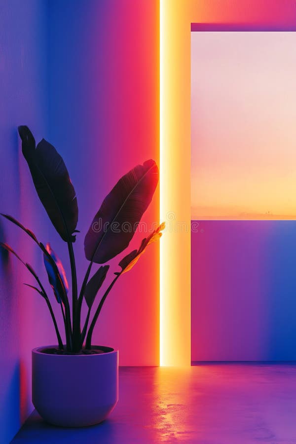 Vibrant Neon Sunset with Tropical Plant in Modern Minimalist Interior ...