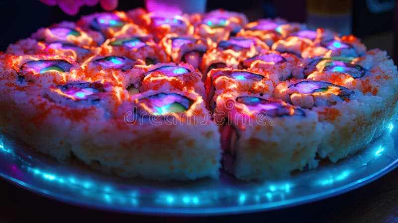 Vibrant Neon Sushi Platter Glowing on a Blue Plate Stock Illustration ...