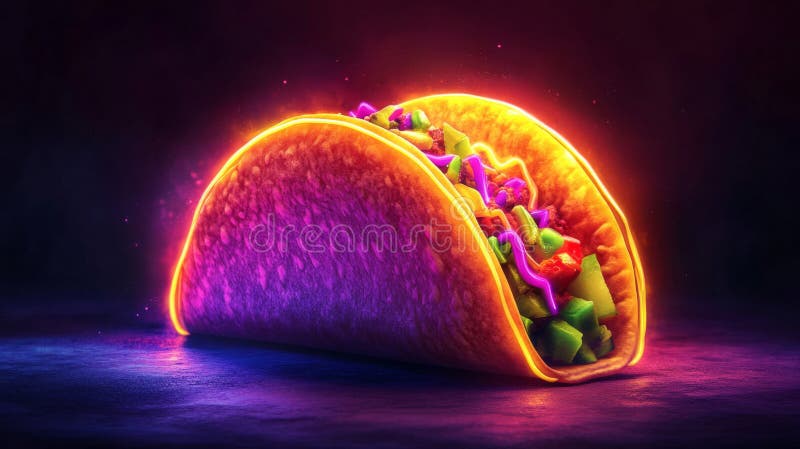 Vibrant Neon Taco on Dark Background Stock Illustration - Illustration ...