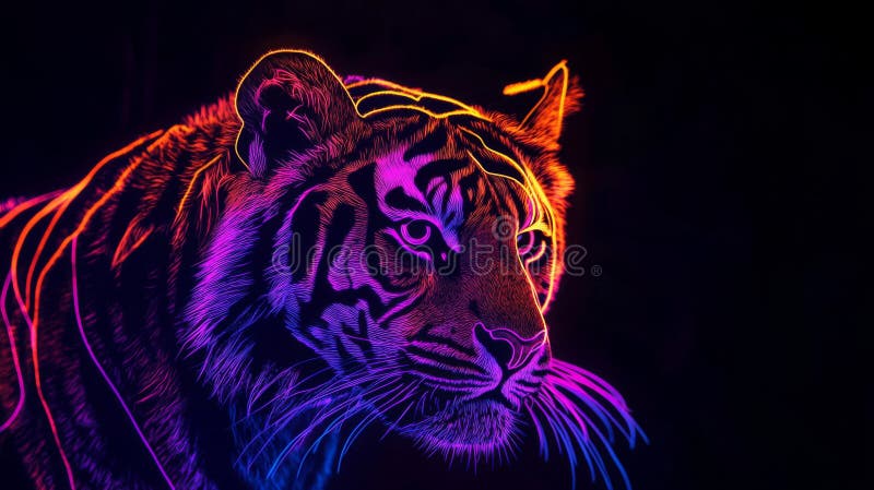 Vibrant Neon Tiger Portrait in Dark Background Stock Illustration ...