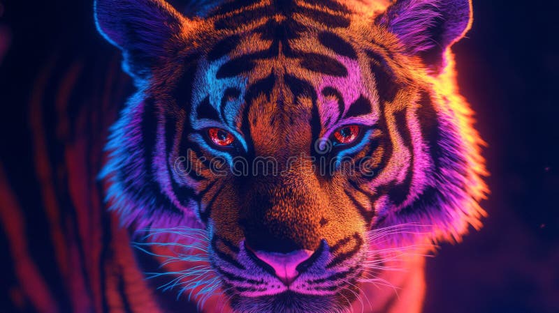 Vibrant Neon Tiger Portrait Digital Art Stock Illustration ...