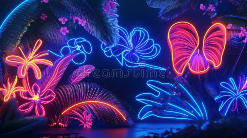 Vibrant Neon Tropical Flowers at Night Stock Illustration ...