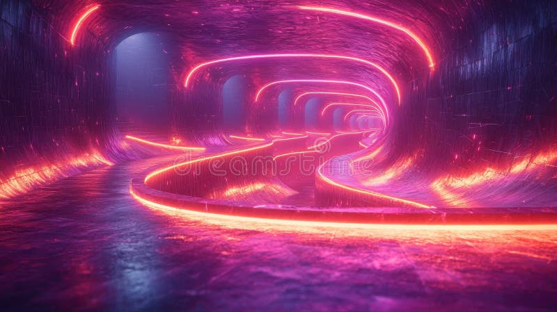 Vibrant Neon Tunnel with Glowing Lights and Reflective Surfaces Creates ...
