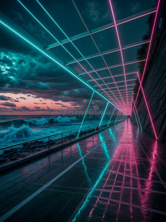 Vibrant Neon Walkway beside Ocean at Sunset with Dramatic Clouds and ...