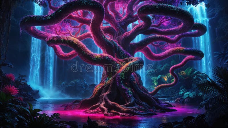 Vibrant Neon Waterfall Jungle with Towering Tree Reaching for the ...
