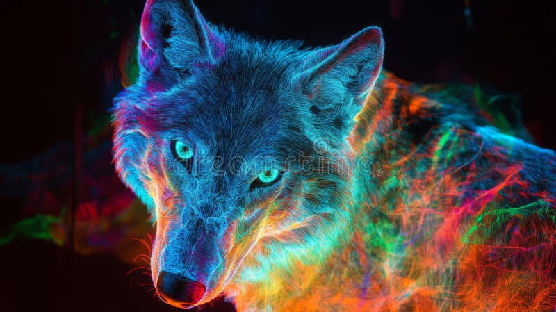 Vibrant Neon Wolf in Particle Form Against Dark Background Stock ...