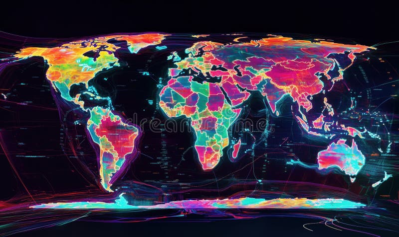 Vibrant Neon World Map with Colorful Geographical Regions and Data ...