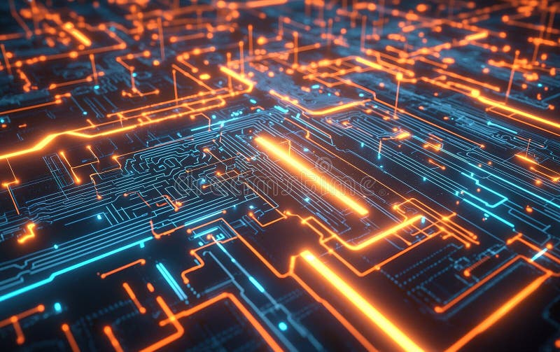 A Vibrant Network of Circuitry Displayed in Blue and Orange Colors ...