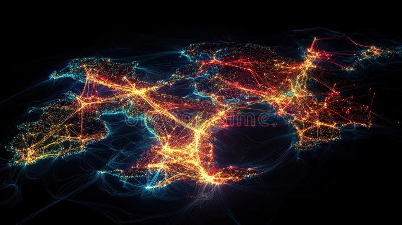 A Vibrant Network of Glowing Lines Forming Complex Patterns in Dark ...