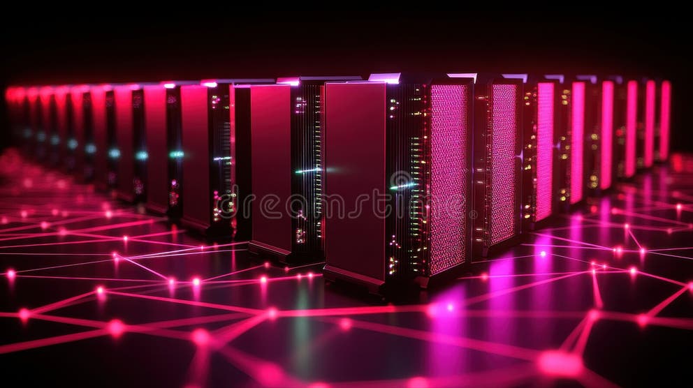 A Vibrant Network of Servers Glows Pink and Red in a Dark Data Center ...