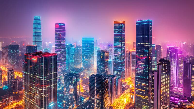 Vibrant Night City Skyline with Colorful Lights Stock Illustration ...