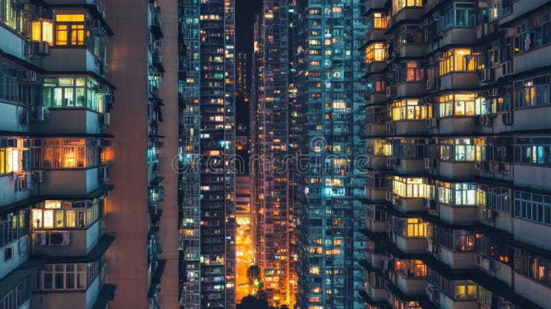 Vibrant Night Cityscape: Densely Packed High-Rise Buildings Illuminated ...