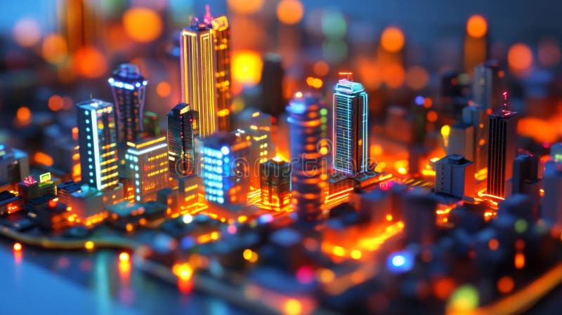 Vibrant Night Cityscape with Glowing Buildings Stock Illustration ...