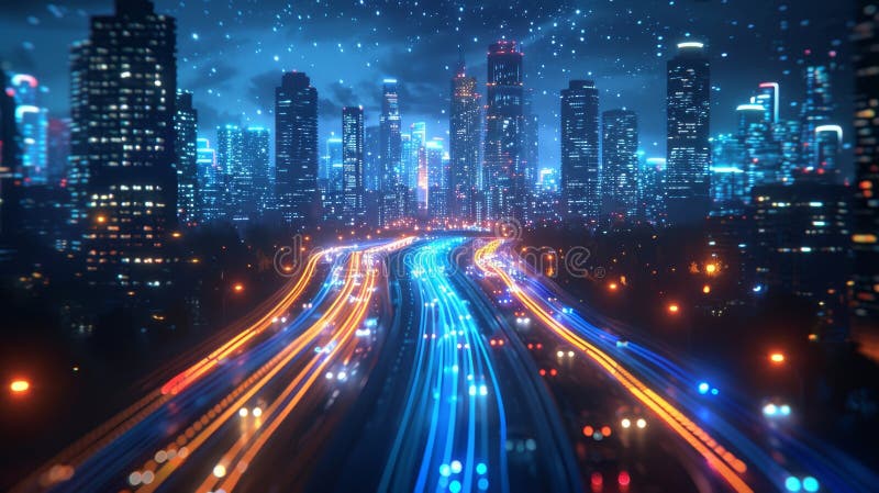 Vibrant Night Cityscape with Neon Lights, Starry Sky, Light Trails ...