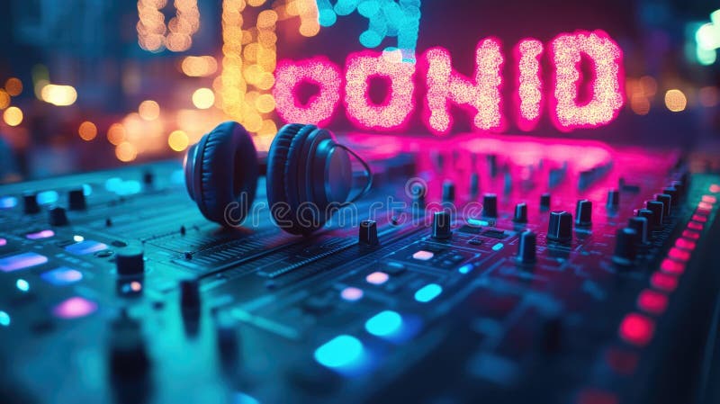 Vibrant Night Dj Setup with Mixing Console and Headphones in Neon ...