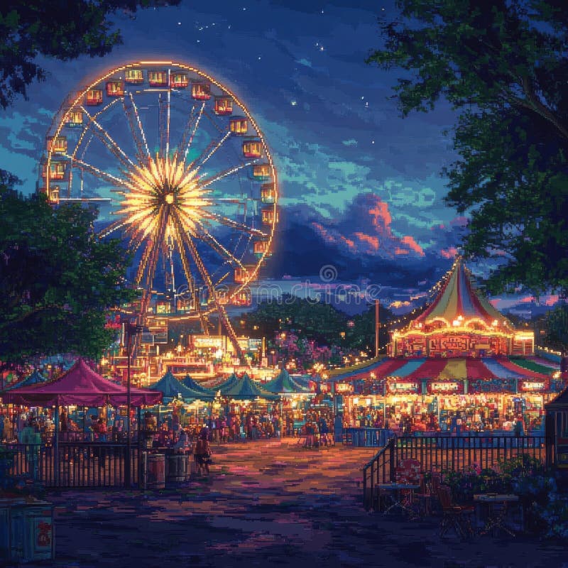 Vibrant Night Fair with Ferris Wheel and Carousel Under Stars Stock ...