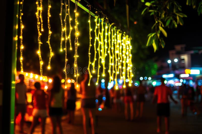 Vibrant Night Market Scene with Festive String Lights and Crowds Stock ...