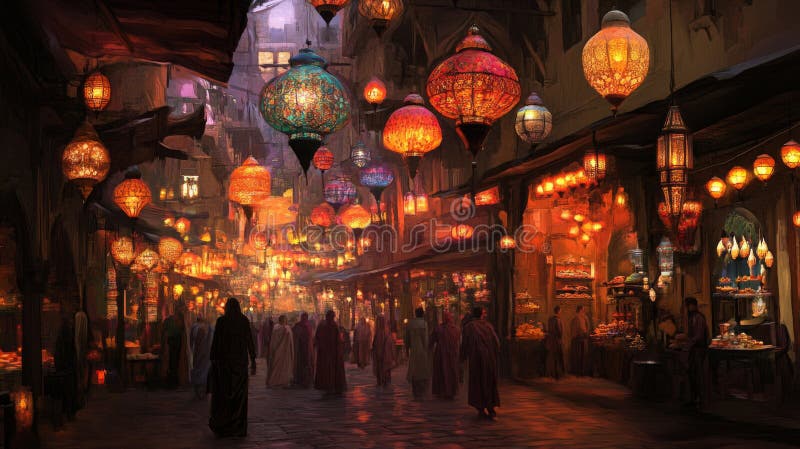 Vibrant Night Market Scene with Glowing Lanterns Stock Illustration ...