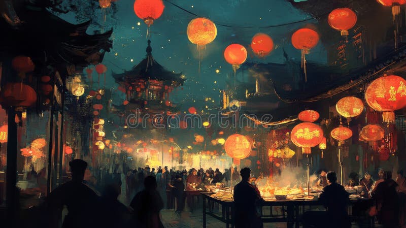 Vibrant Night Market Scene with Illuminated Lanterns Stock Illustration ...